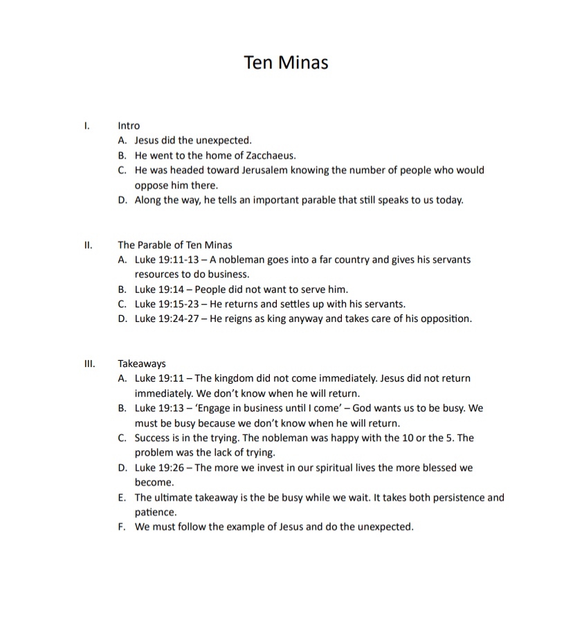 Ten Minas – Bible Lessons and Sermons